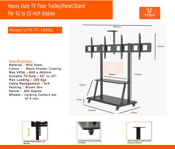 Dual Screen Floor Stand TV Trolley Model : VTM-TT-150DL - VTECH ...