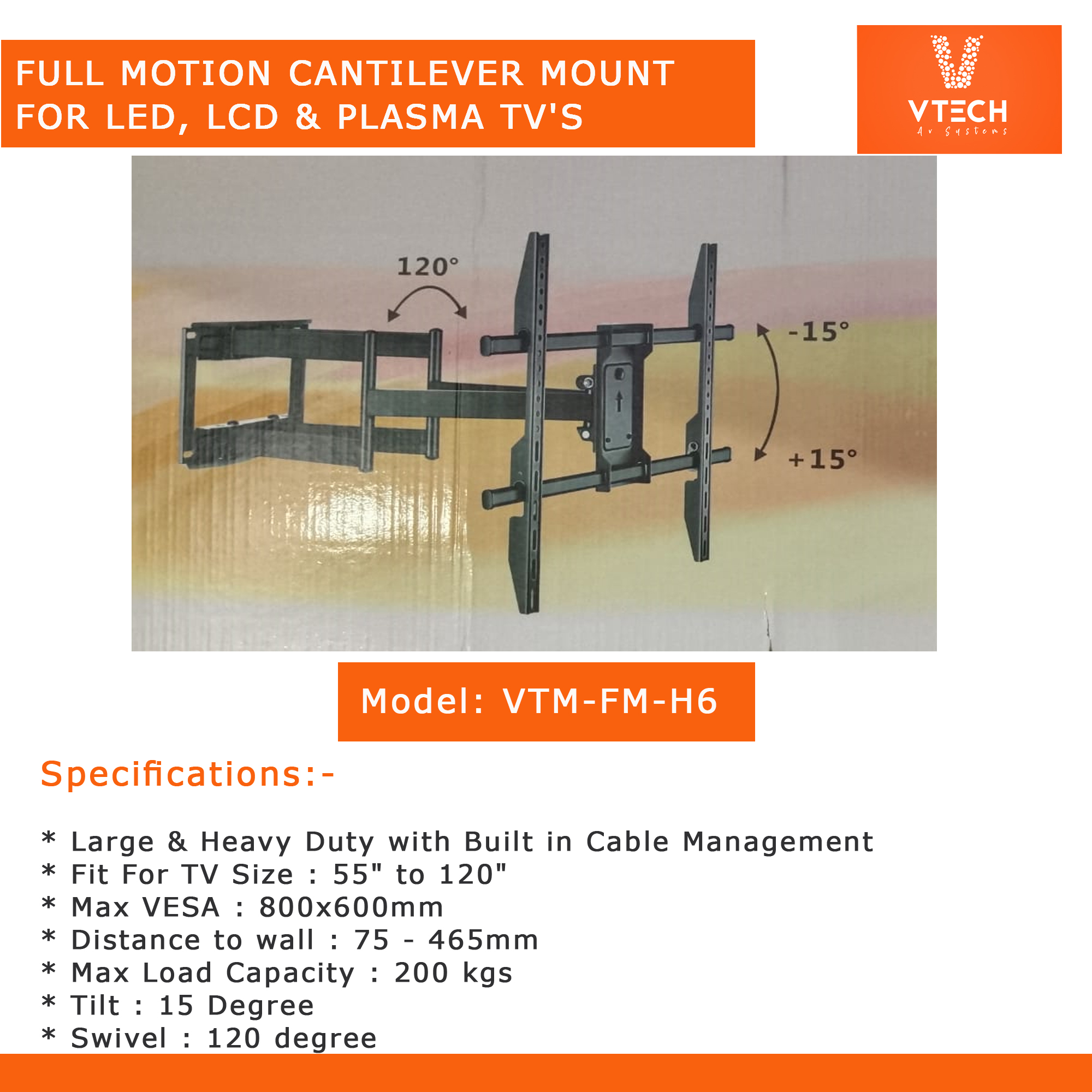 Vtech-Full Motion Display Wall Mount for 55-to-98-inch Display Model ...